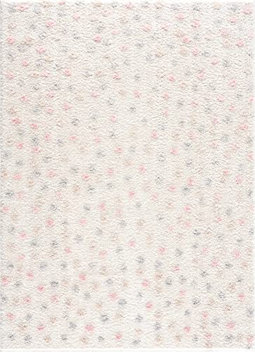 Hauteloom Tilos Dalmatian Living Room Bedroom Nursery Shag Area Rug - Shaggy Carpet - Dot Pattern - High Plush Pile - Pink, Cream, Grey, Beige - 5'3" x 7'