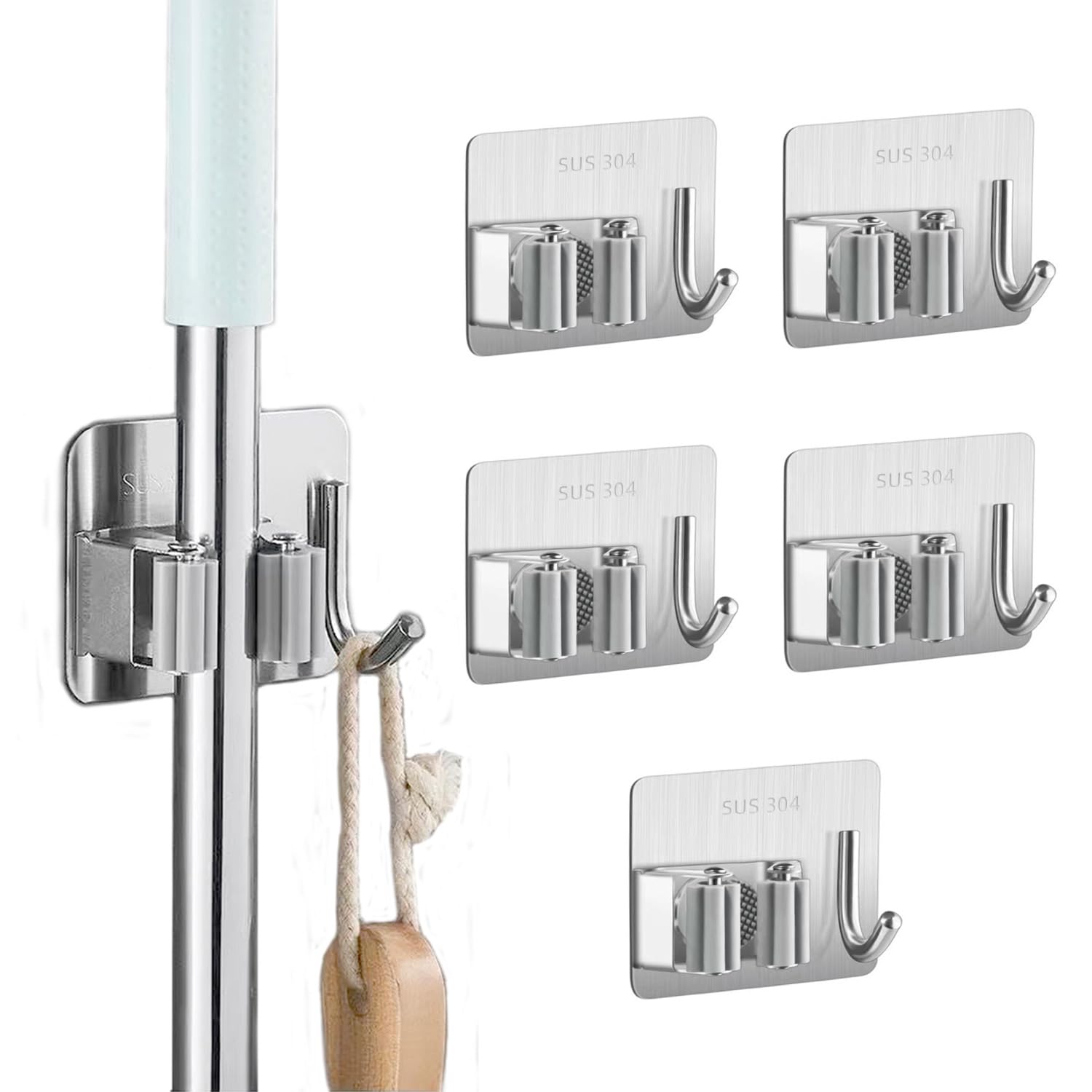 Daewiutr 6Pcs Broom Holder Wall Mount, Self Adhesive Anti-Slip Adhesive Hook Broom Holder Wall Mount, Stainless Steel Broom Storage Holder for Bathroom, Kitchen, Office, Garden, Garage