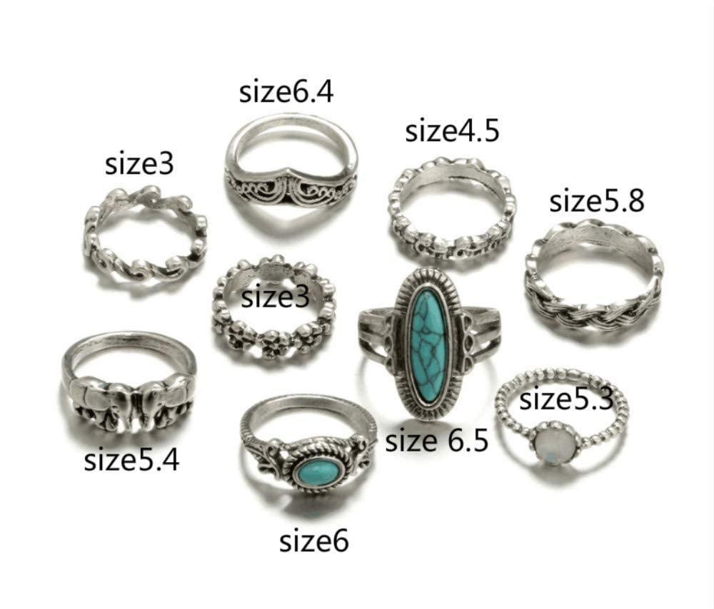 Cathercing 9 Pcs Turquoise Ring Set for Women Knuckle Vintage Rings Pack for Women Bohemian Rings Silver Joint Knot Rings Set Halloween Party Daily Gift (style 3)