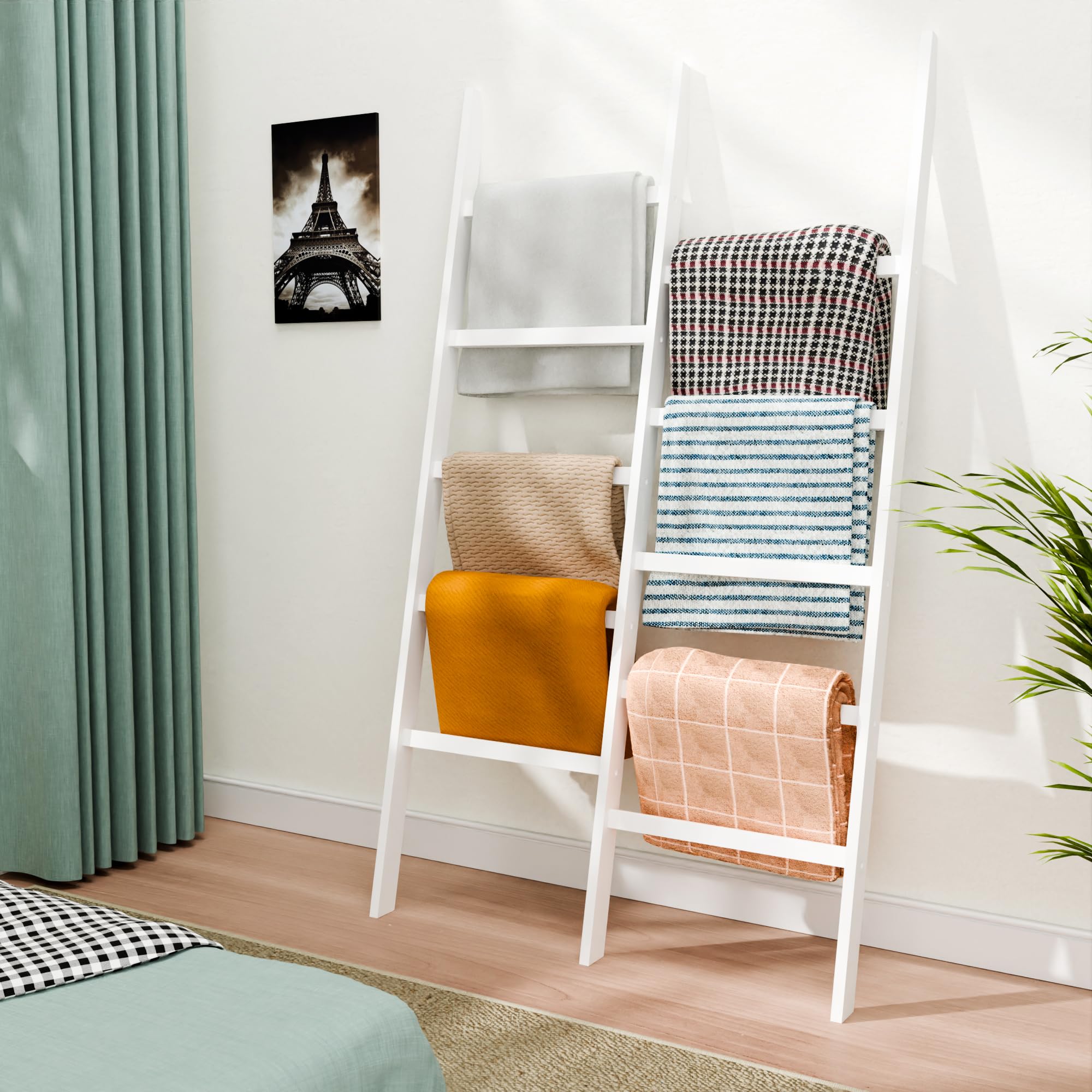 Daflymaco Blanket Ladder for Living Room - 10-Tier Bamboo Wood Blanket Ladder Quilt Ladder Rack Modern Decor Wall Leaning Ladder for Blankets Easy Assembly Blanket Holder for Home Bathroom White