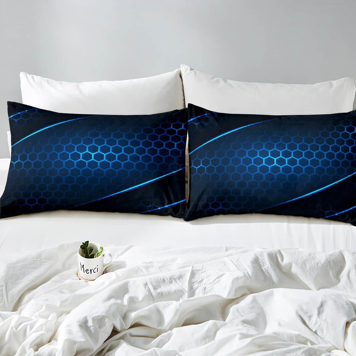 Honeycomb Bed Sheets Hexagonal Print Bedding Sheet Geometrical Beehive Blue Bedding Set for Boys Girls Children Teens Bedroom Decor Geometric Simplistic Bed Sheet Set Twin Size with 1 Pillow Case