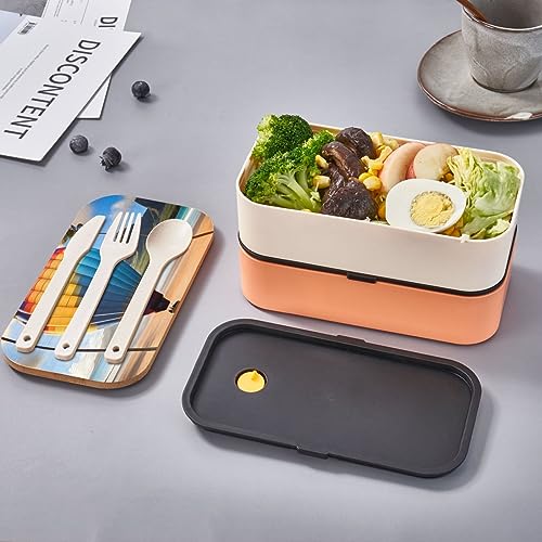 Hawaii Hot Air Balloon Adult Lunch Box, Bento Box, With Cutlery Set Of 3, 2 Compartments, Rectangular, Lunch Box For Adults