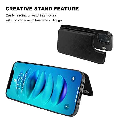 ONETOP Compatible with iPhone 14 Wallet Case with Card Holder, PU Leather Kickstand Card Slots Case, Double Magnetic Clasp and Durable Shockproof Cover 6.1 Inch (Black)