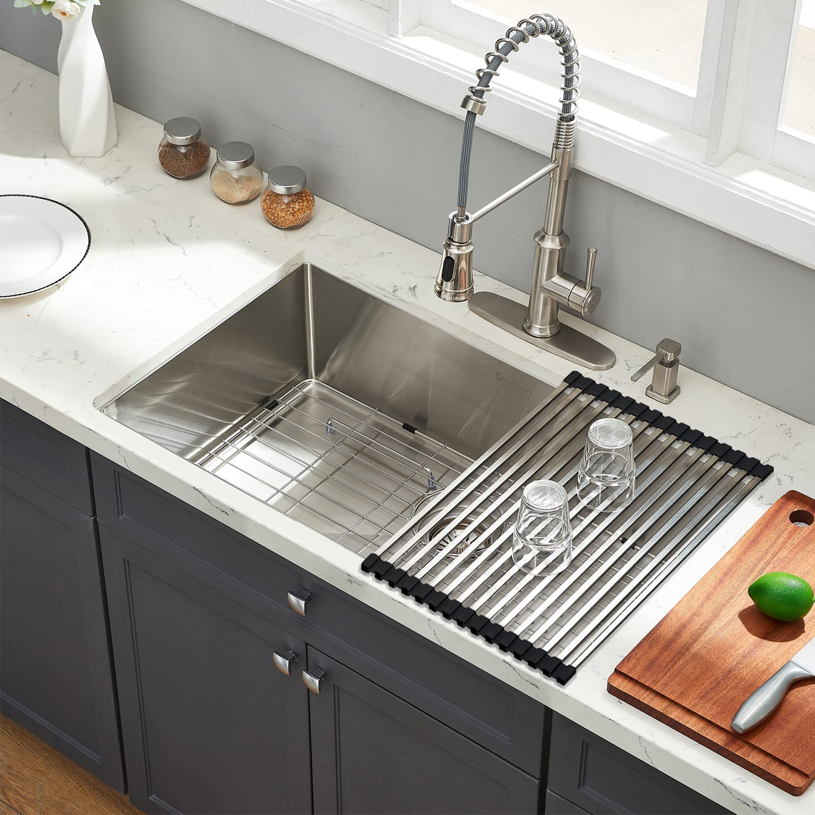 EcoChannels Undermount Kitchen Sink, 32 x 19 Inch Sink Kitchen 16 Gauge Stainless Steel Large Kitchen Sinks Single Bowl