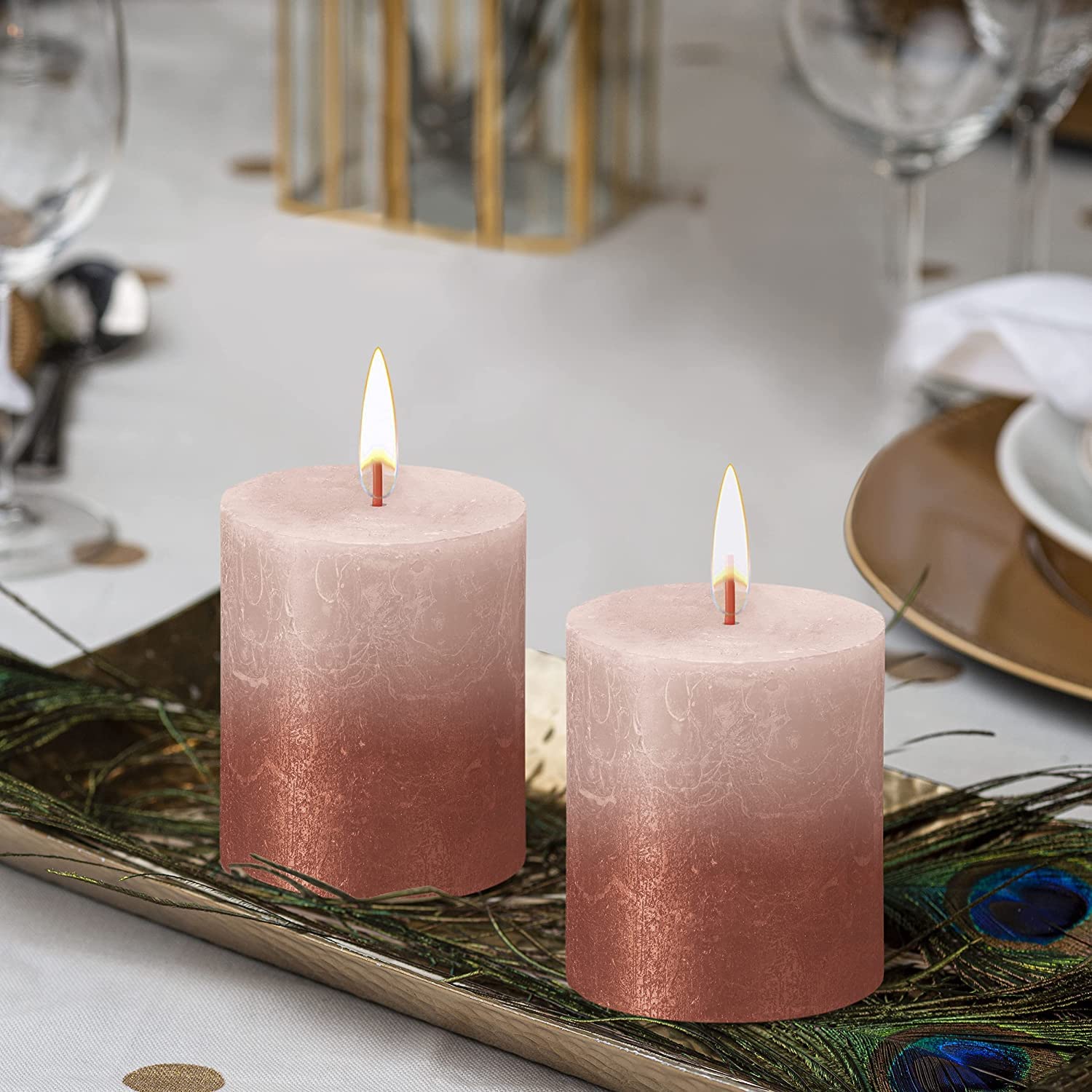 BOLSIUS 4 Pack Misty Pink/Amber Sunset Rustic Metallic Pillar Candles - 2.75 X 3.25 Inches - Fine European Quality - Natural Eco-Friendly Plant-Based Wax - Unscented Dripless Smokeless 35 Hour Candles