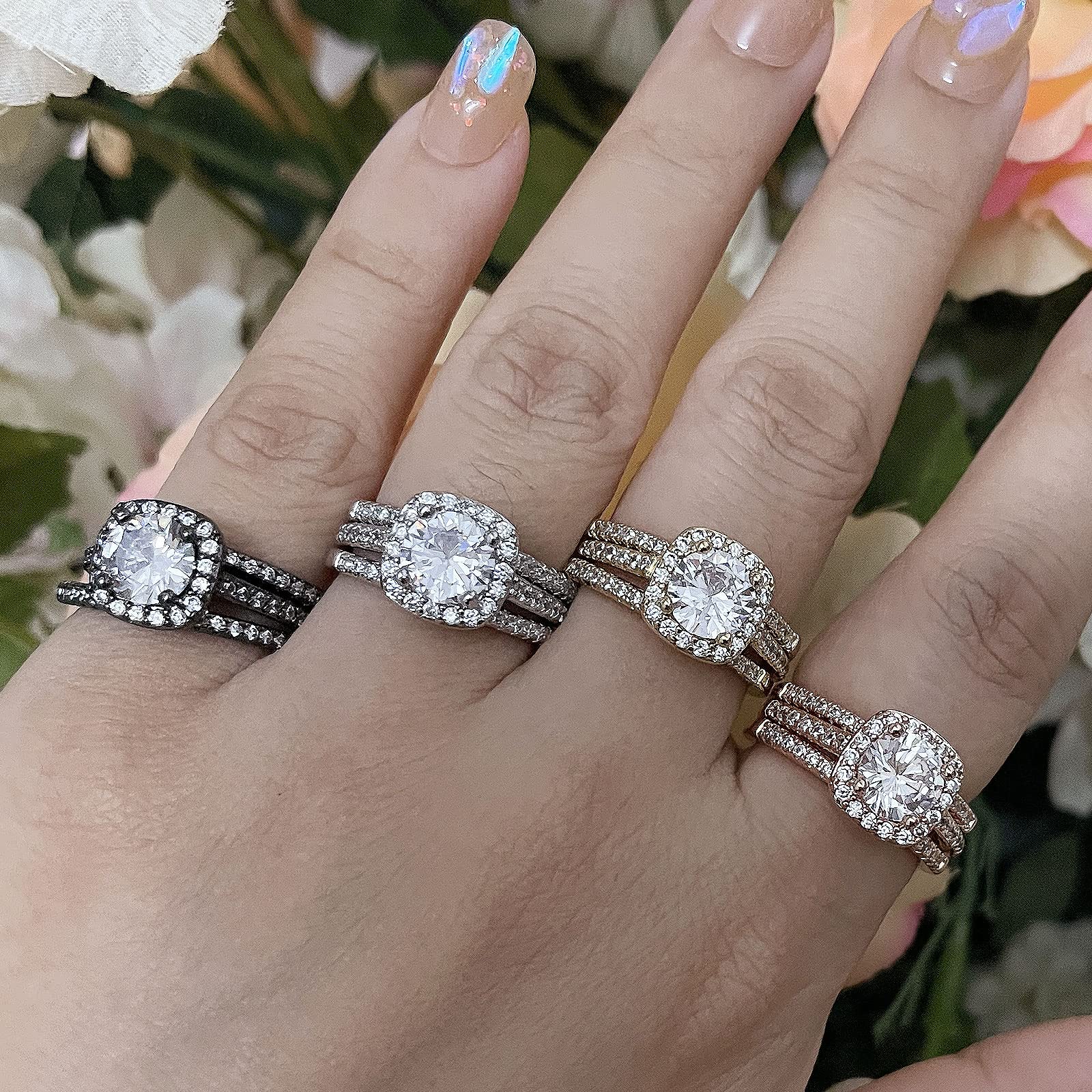CEJUG 18k White Gold Plated Wedding Rings for Women Engagement Bands Bridal Set Halo Round 2.0Ct Cz Size 7