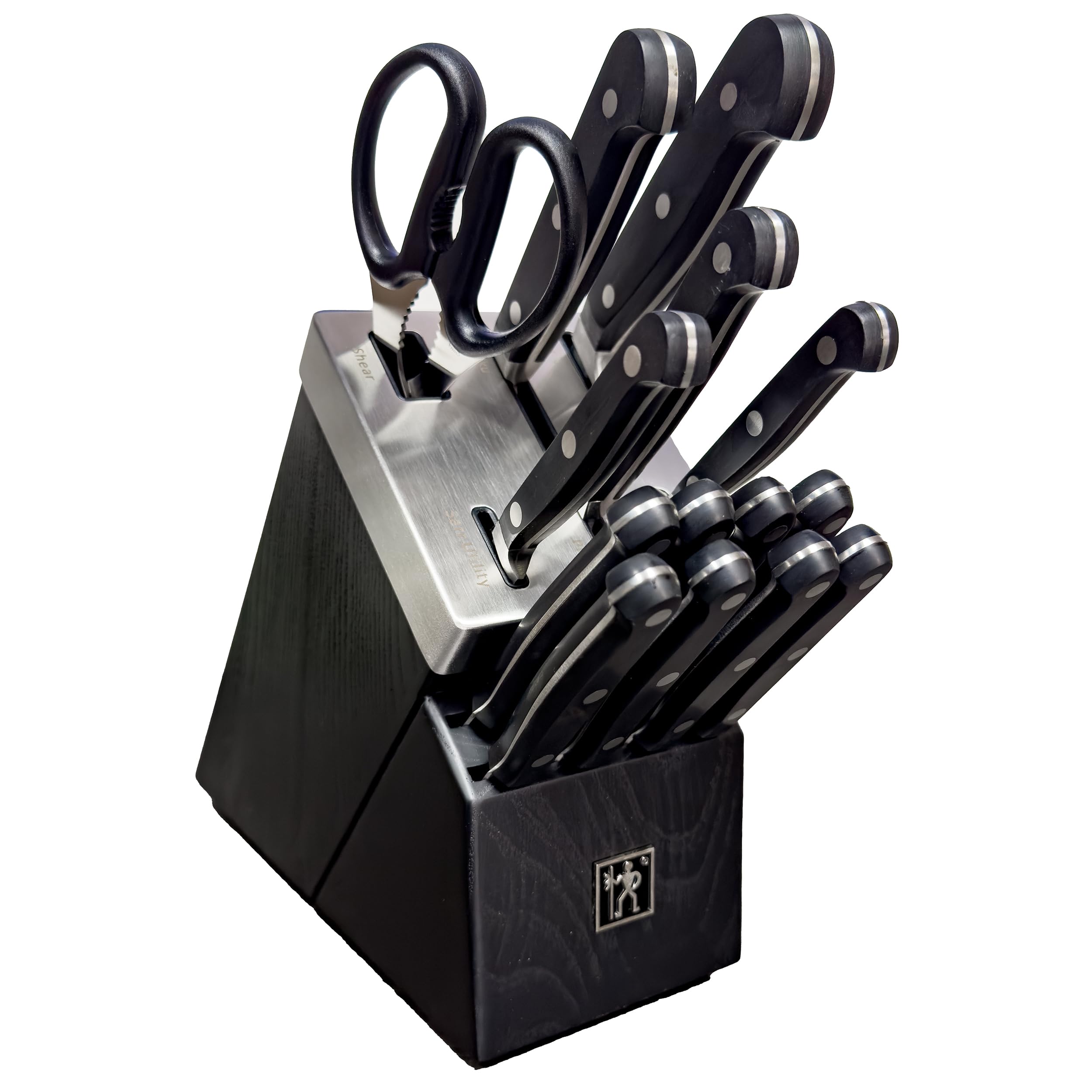 Henckels Classic 15-pc Self-Sharpening Knife Block Set | 8 Steak Knives, Paring Knife, Serrated Utility Knife, Prep Knife, Santoku Knife, Chefās Knife, & Kitchen Shears, Black Block
