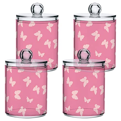 Fustylead 4 Pack Pink Butterfly Qtip Holder Dispensers, Plastic Apothecary Jar Bathroom Accessories Set for Cotton Ball, Swab, Round Pads, Floss