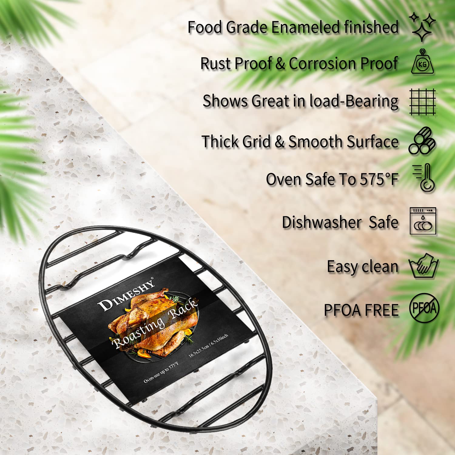 DIMESHY Roasting Rack, Black with Integrated Feet, Enamel Finished, Nonstick, fit for 13 inches oval roasting pan, safety, dishwasher, Great for Basting, Cooking, Drying, Cooling rack.(10βx 6.5β)