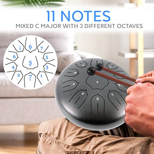 Premium Cast Iron Steel Tongue Drum 12โ 11 Notes, C Major Drum Percussion for Meditation Yoga Musical Education with Mallets and Finger Picks Best Gift for Adults and Beginner Children, Gray