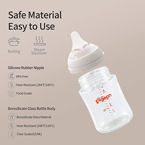 Pigeon Glass Baby Bottle(5.4 Oz, Pack of 2) with 4 Latch-On Line Silicone Nipples, Newborn Feeding Set(0~3M)