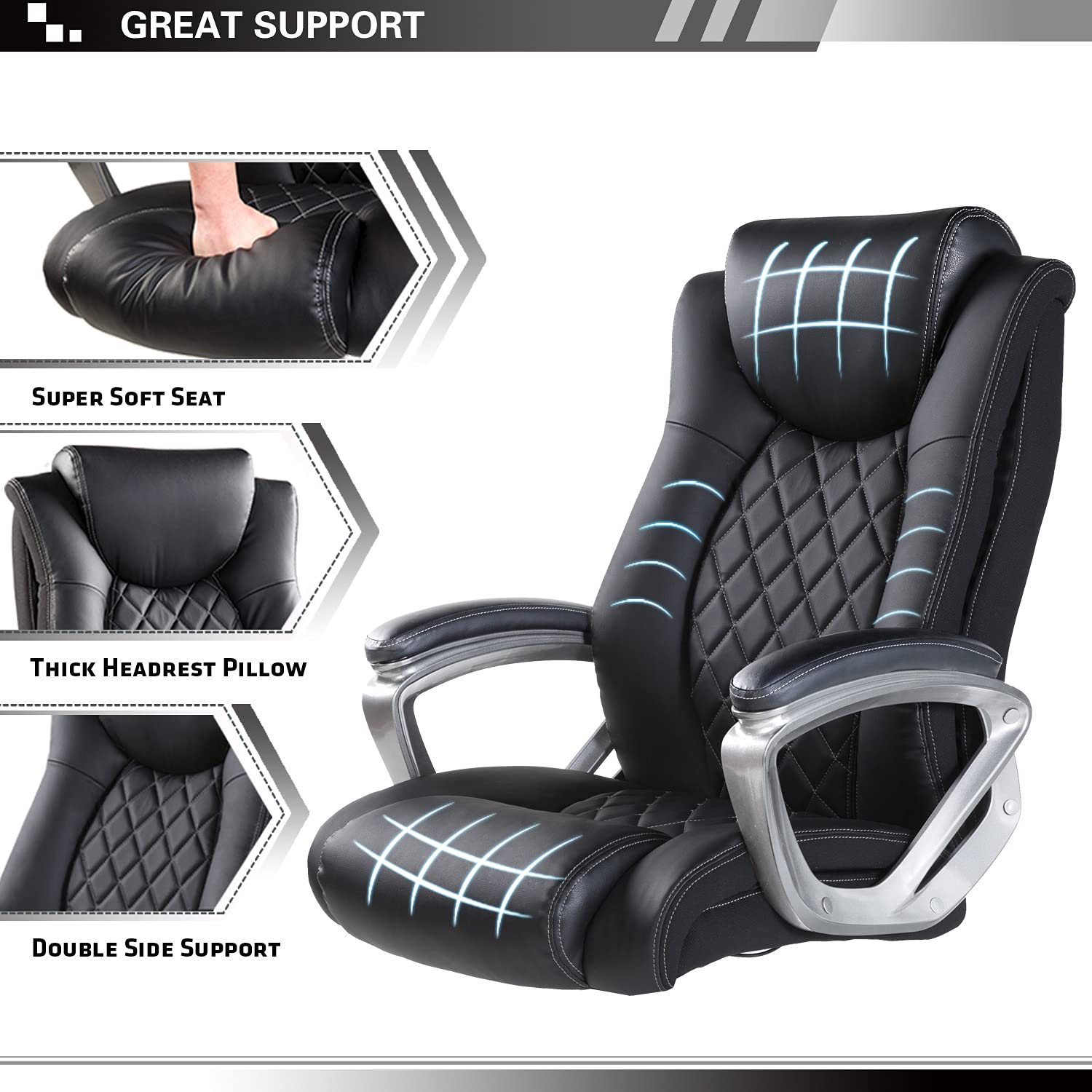 BOWTHY High Back Executive Office Chair 300lbs - Adjustable Built-in Lumbar Support, Ergonomic Leather Computer Desk Chair with Padded Armrest Swivel Chair for Home and Office (Black)