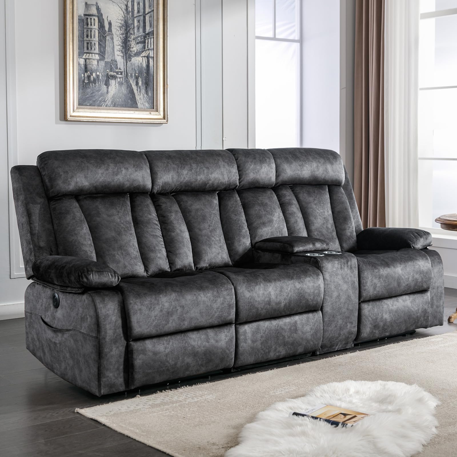 GUEAPY 3 Seater Recliner Sofa Reclining Loveseat with Console Power Reclining Sofa with Heat and Massage, Cup Holders, USB & Type-C Charge Ports for Living Room (Grey)