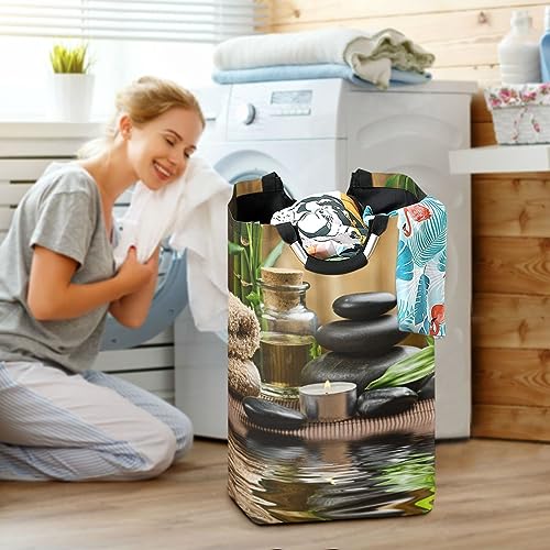Flradish Zen Basalt Stones on Wood Large Laundry Hamper Collapsible Waterproof Freestanding Laundry Basket with Handles for Laundry Living Room,Bathroom