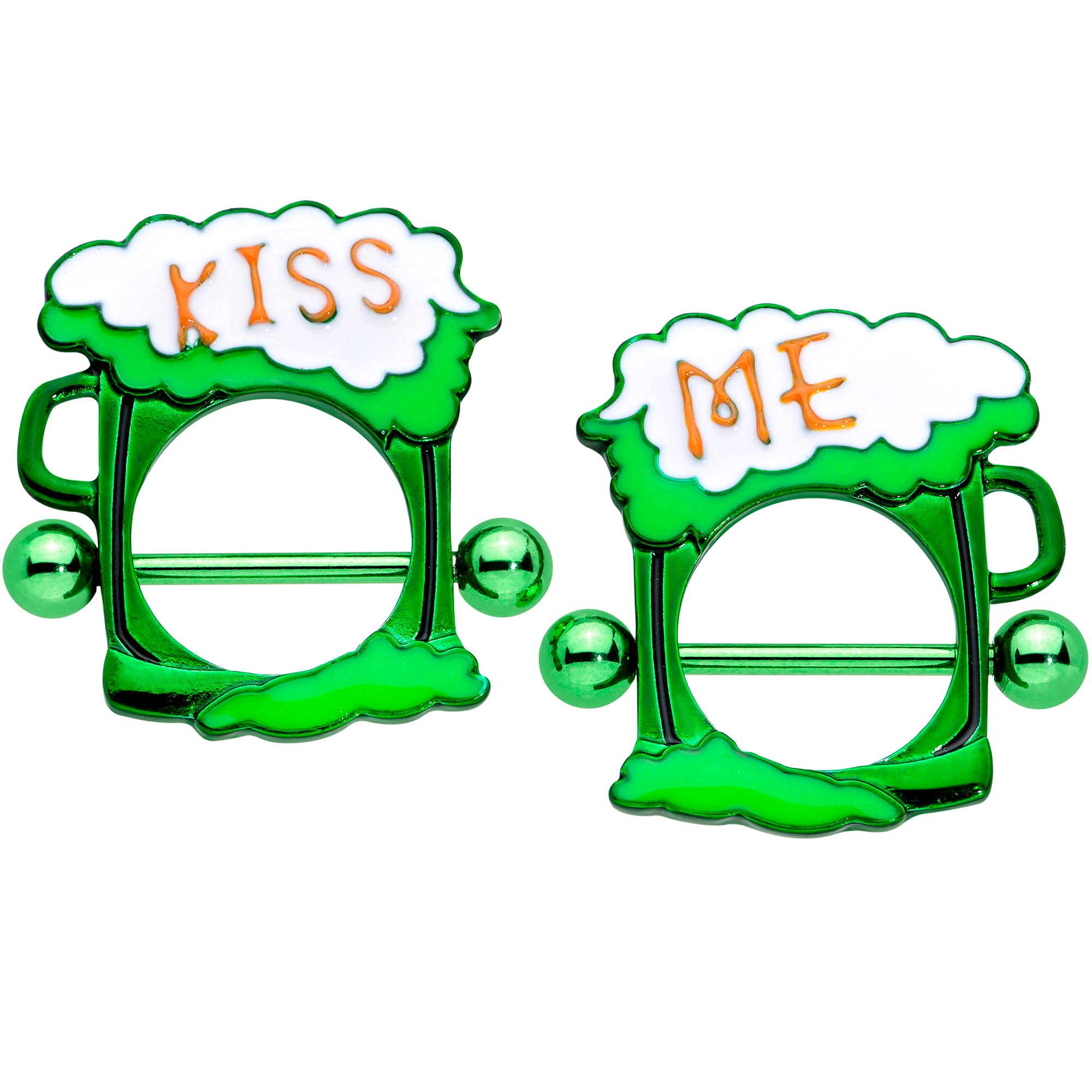 Body Candy 2Pc 14G Nipplerings Piercing Women 316L Green Kiss Me Beer Nipple Shield Nipple Ring Set 14mm