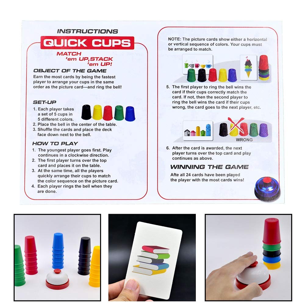 KRISMYA Quick Cups Games for Kids,Classic Speed Cup Game for Parent-Child Interactive Stacking Cups Game with 24 Picture Cards, 30 Cups (6 Sets of 5 Colors Each), Bell &Instructions