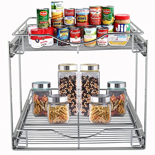 DINDON Pull Out Cabinet Organizer (14" W X 21" D), Cabinet Pull Out Shelves, 2 Tier Pull Out Drawers for Kitchen Cabinets, Double Tier Wire Basket Slide Out Shelf for Base Cabinet Organization in Kitchen, Pantry, Bathroom, Chrome