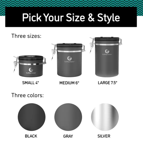 Coffee Gator Stainless Steel Canister - Medium 16oz, Silver Coffee Grounds and Beans Container with Date-Tracker, CO2-Release Valve, and Measuring Scoop - Ideal Coffee Lovers Gifts for Her