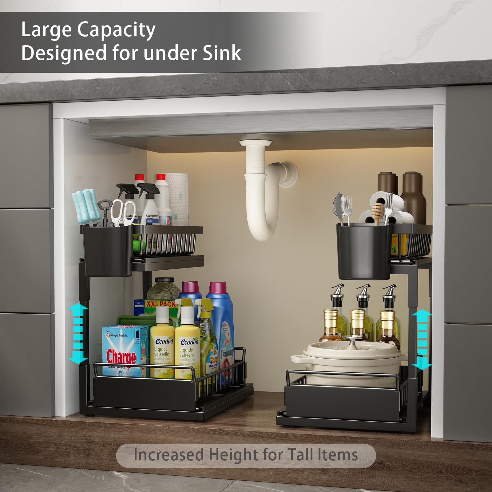 CICUFY Metal Under Sink Organizer,2-Tier Double Sliding Under Sink Storage for kitchen & Bathroom Cabinet-Black