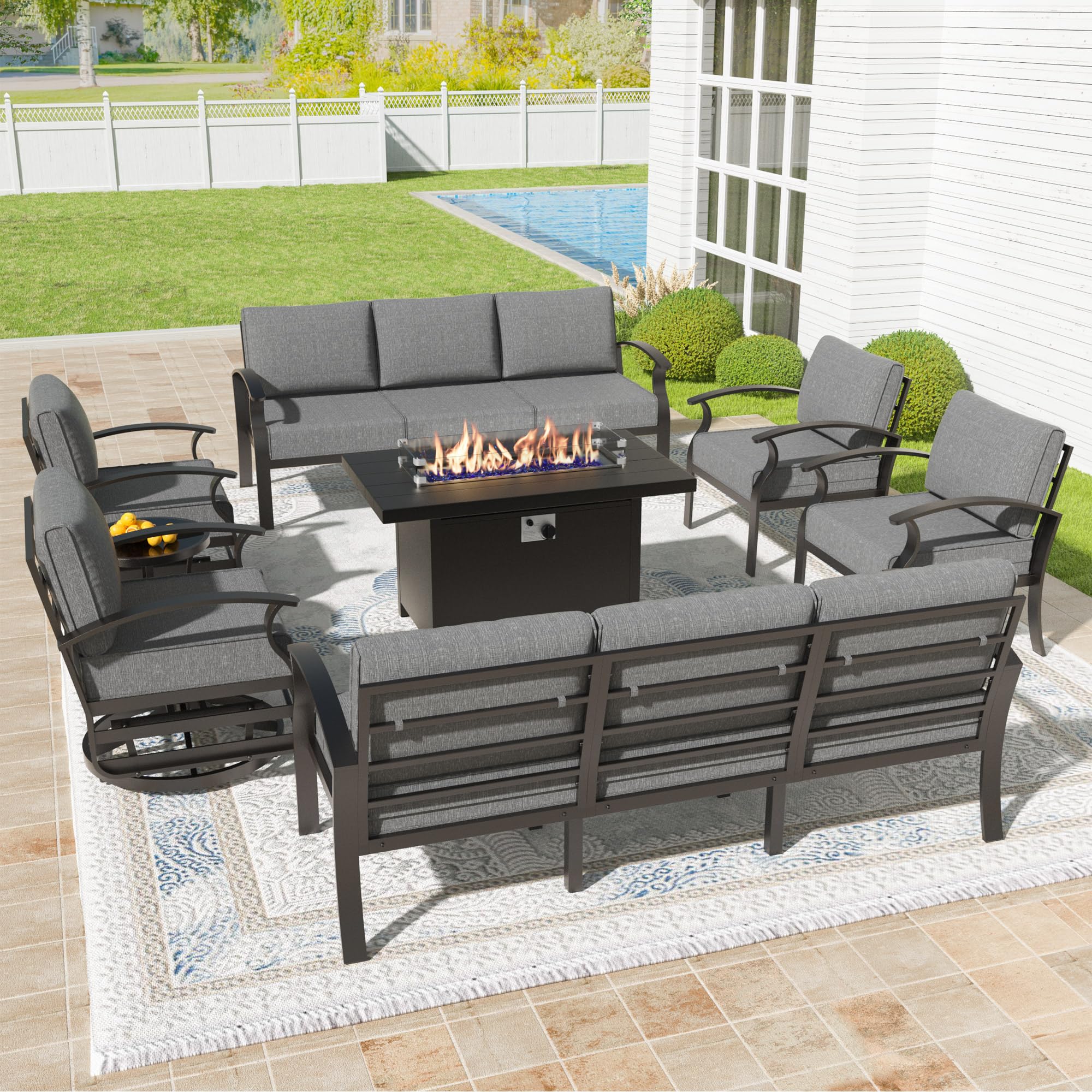 Kullavik Aluminum Patio Furniture Set,8 Pieces 10 Seat Metal Outdoor Furniture Conversation Set w/45 Propane Gas Fire Pit&Swivels,Grey