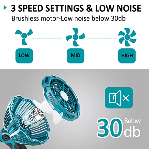 Portable Table Fan, 18V Battery Operated Fan with LED Light, Quiet Small Personal Fan 3 Speed Strong Airflow, Adjustable Tilt Remote Control Rechargeable Fan for Tent, Bedroom, Office, Jobsite