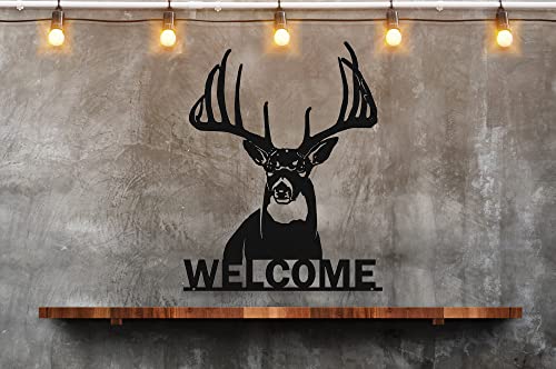 Welcome Whitetail Deer Buck Metal Wall Art Sign | Laser Cut | Black | Home Cabin Decor | Big Game Steel