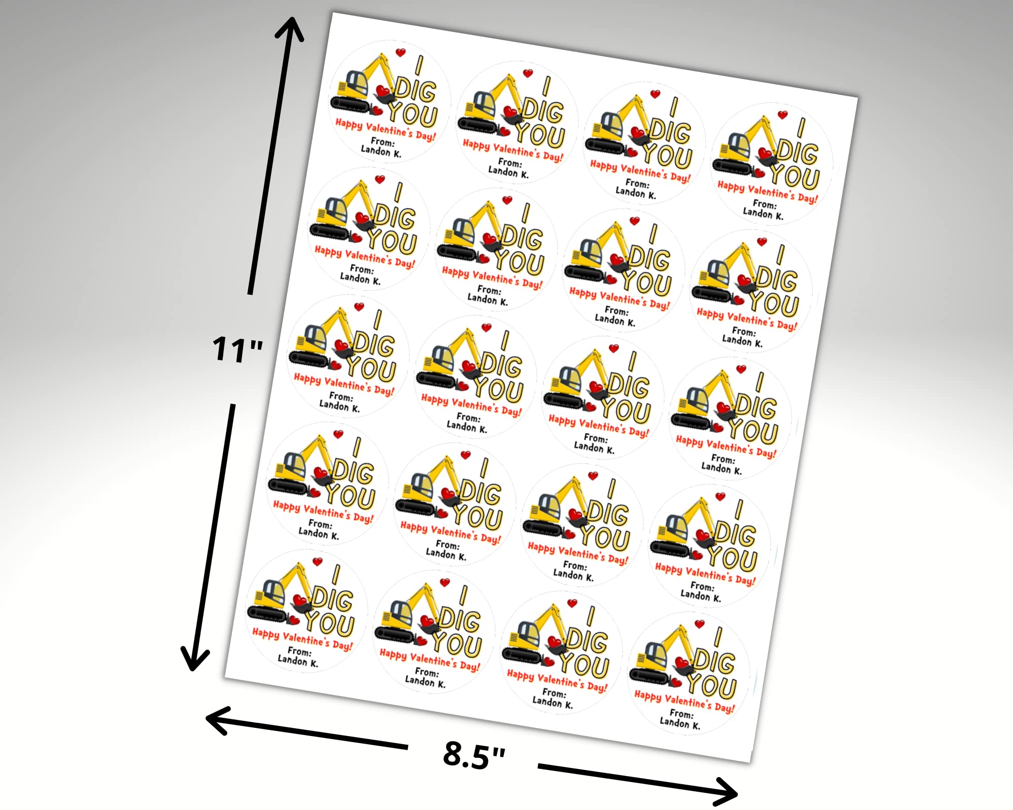 Personalized Construction Digger Valentine's Day Stickers for Kids 20-Count, 2 inch, Custom Classroom Valentines Favor for Boys, Happy Valentine's Day Labels