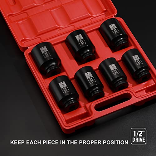 EMENTOL 7PCS 1/2"Drive Deep 6-Point Spindle Axle Nut Impact Socket Set, CR-MO, 1/2" Drive Deep Impact Socket Set, 1-3/8 Inch - 1-3/4 Inch