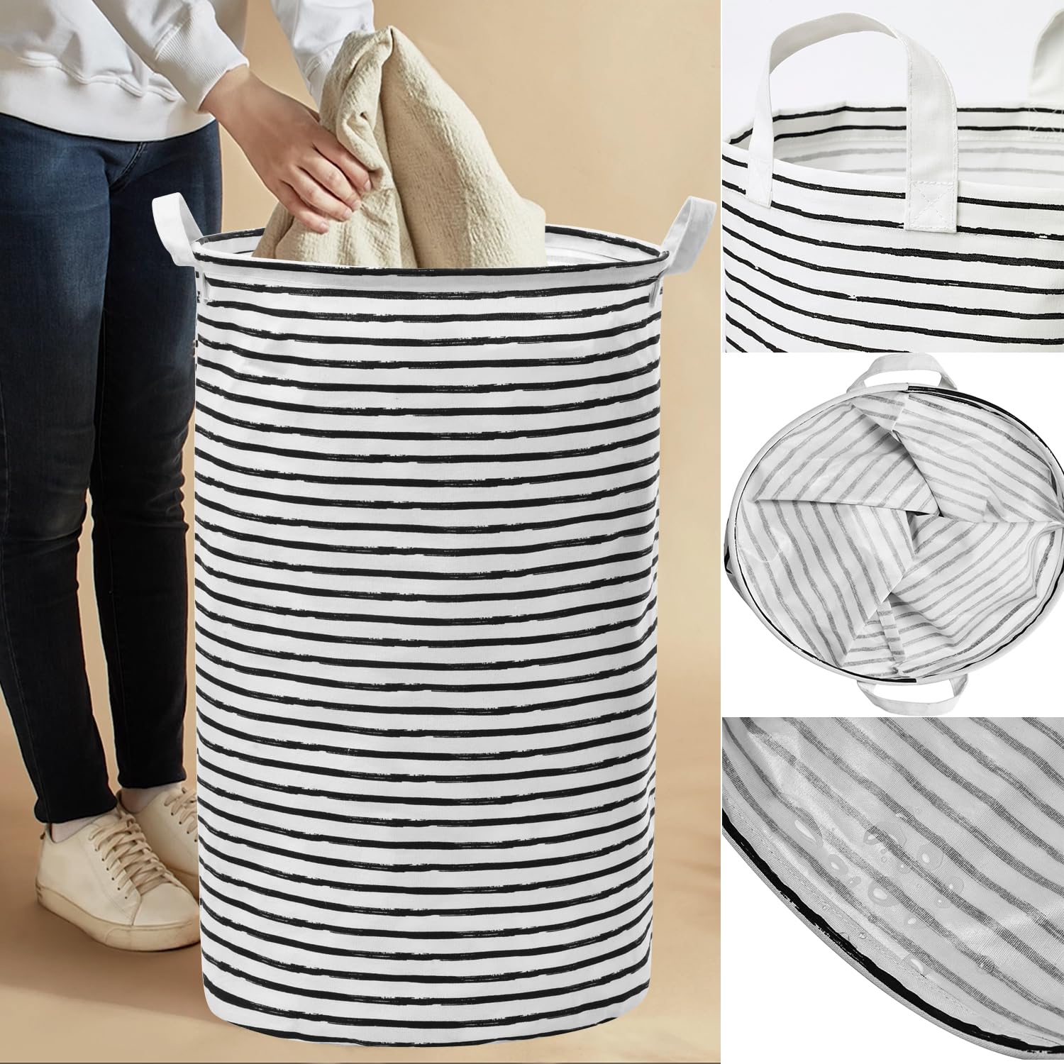 Haundry Thickened Tall Laundry Basket with Handle, Large Collapsible Round Laundry Hamper Bin Laundry Bag for Clothes Storage (Grey Stripe)