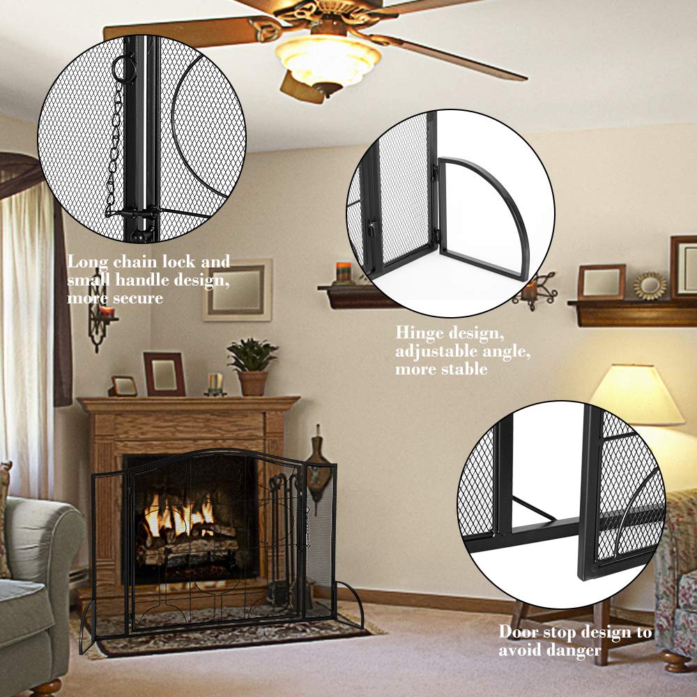 Cu Alightup Fireplace Screen 56x29 Inches Fire Place Cover Screen Fire Spark Guard Metal Mesh Panels Black for Living Room,Rustic Home Decor