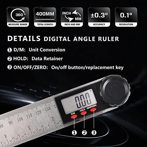 Digital Angle Finder Protractor,2 in 1 Auzof Angle Finder Ruler,7Inch / 200mm Stainless Steel Angle Measuring Tool with LCD Display for Woodworking/Carpenter(2 Batteries Included)
