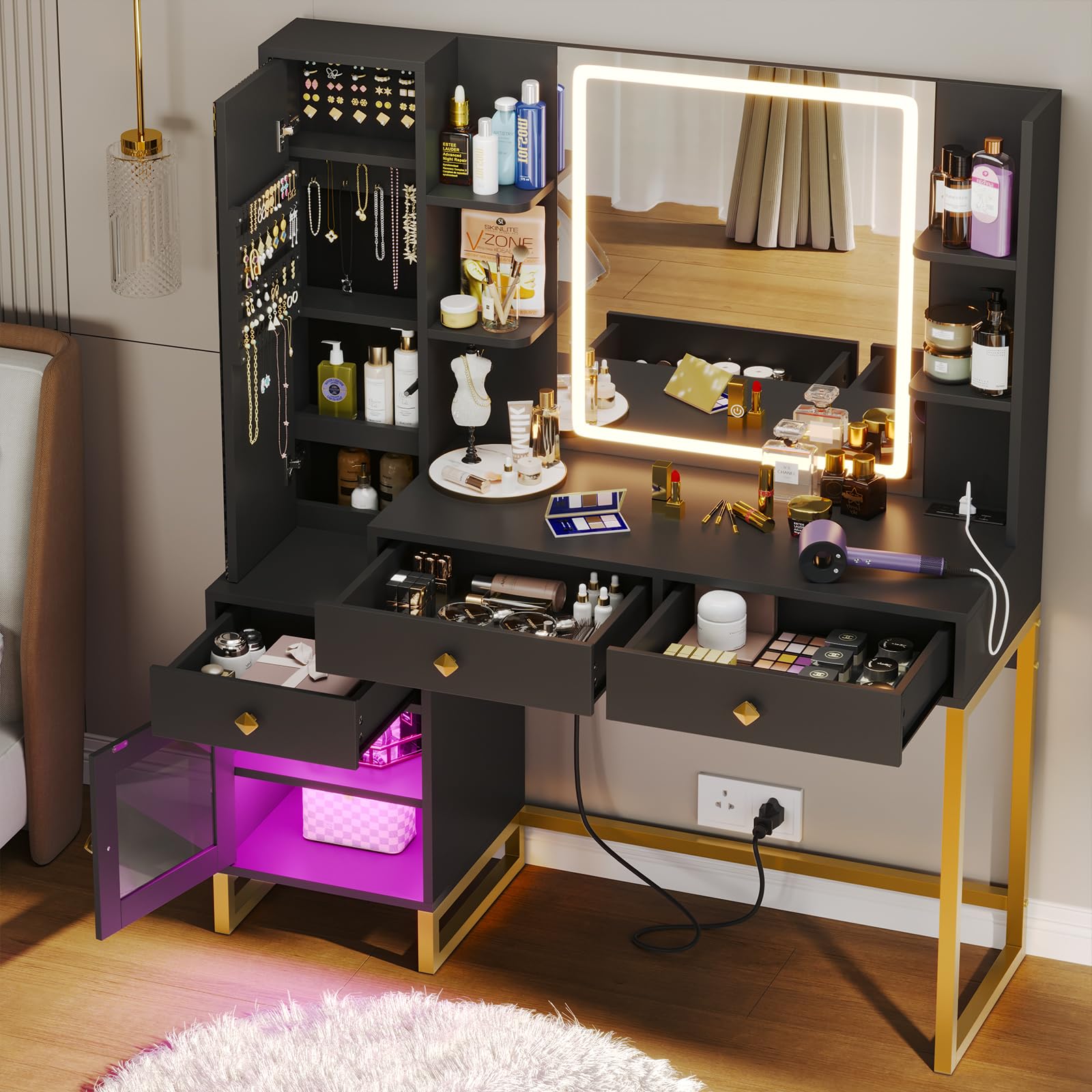 HAUOMS Makeup Vanity with Jewelry Cabinet & LED Lighted Mirror, Modern Vanity Desk with Charging Station, Double Mirror Vanity Table Set, White & Gold