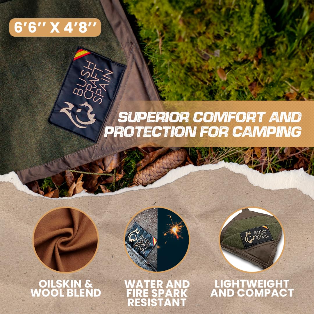 Bushcraft Spain Waterproof Oilskin Canvas Floor with Wool Lining 6’6’’ x 4’8’’- Ground Sheet with Wool Lining for Bushcraft and Camping- Oilskin Brown and Green Wool Lining-Made in Spain