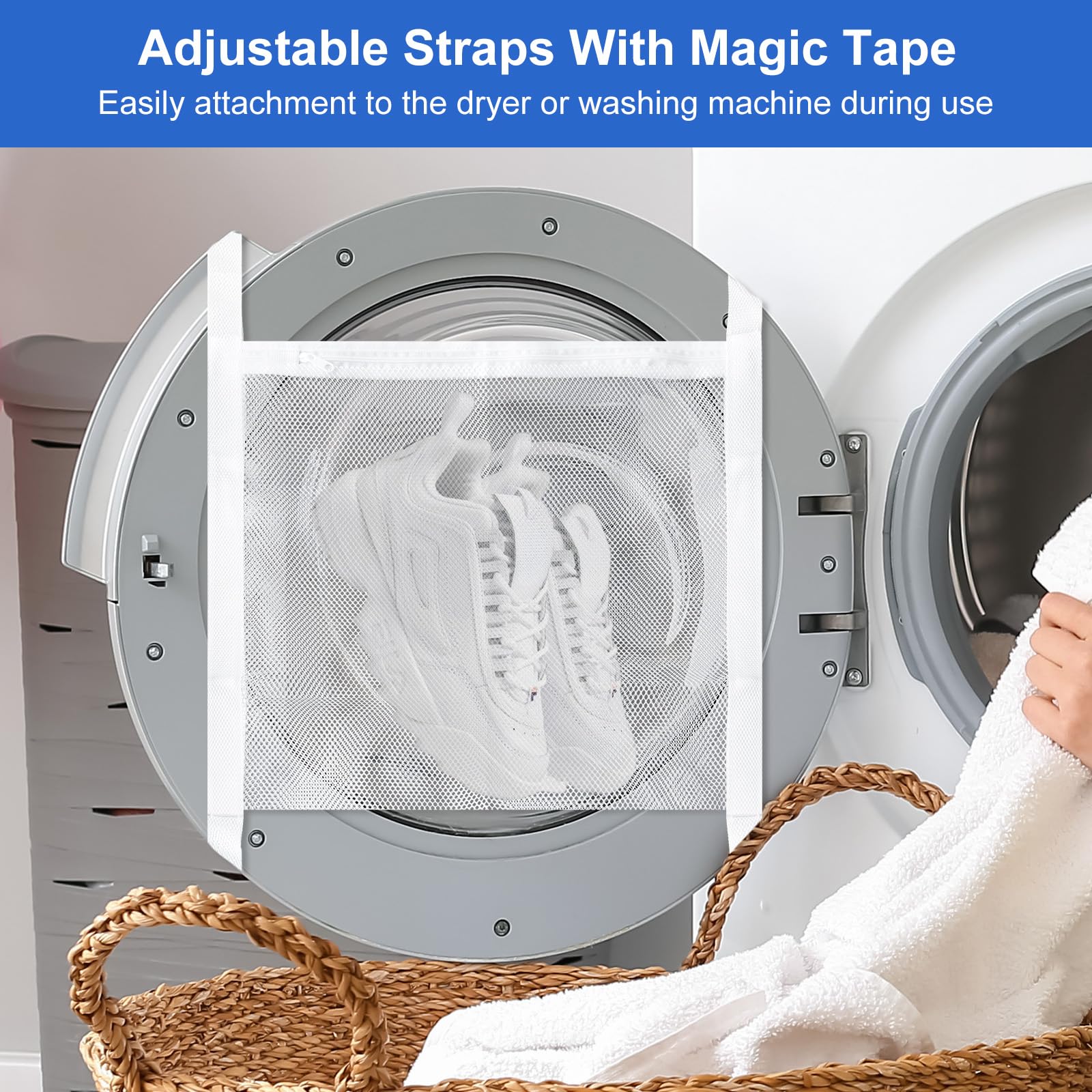 DAJISI Shoe Washing Machine Bag, Large 15.7inch Mesh Laundry Bag for Shoe Reusable Sneaker Cleaning Bag with Adjustable Strap for Shoes Clothes Washer & Dryer (White)