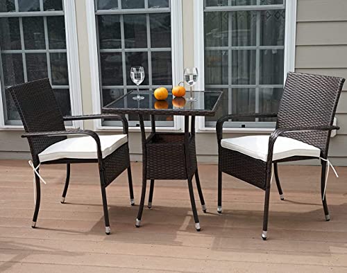 G GVM-US Outdoor Small Patio Table and Chairs Deck Furniture Set for 2, Wicker Glass Cafe & Dining Table Set for Bistro Balcony Lawn