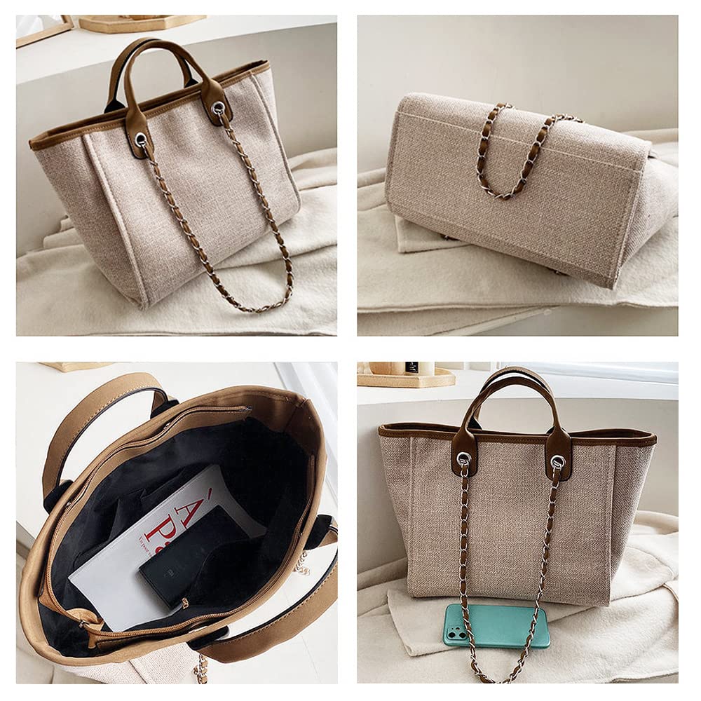 XACKWUERO Women Fashion Classic Canvas Bag Large-Capacity Shoulder Handbag Tote Shopper Bag with Chain Shoulder Strap (Khaki)