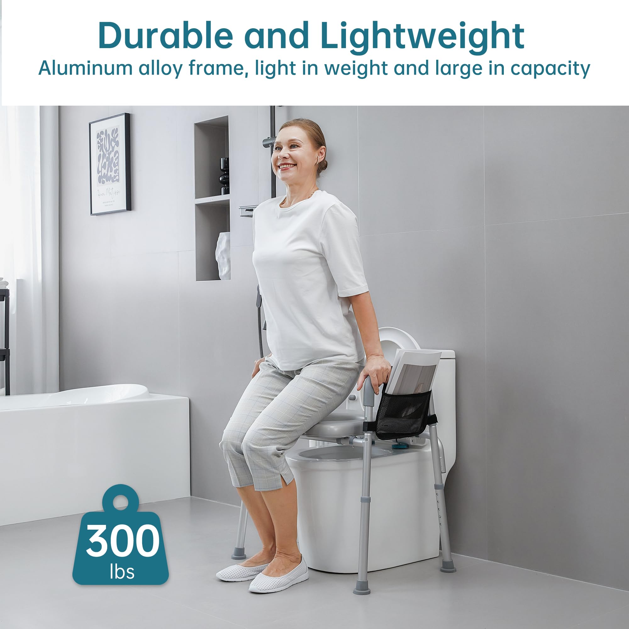 ELENKER Raised Toilet Seat with Armrests and Padded Seat, Elevated Toilet Seat for Elderly and Disabled, Adjustable Height, Grey