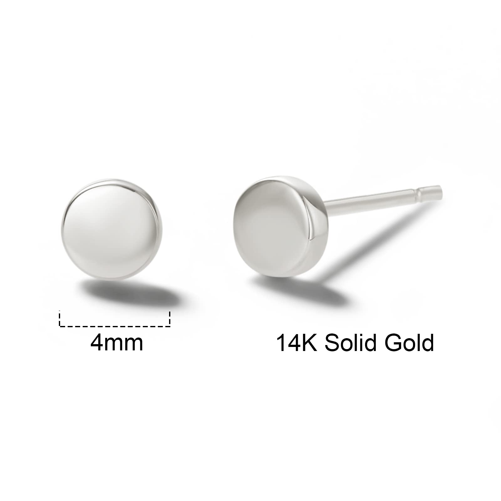 Carleen 14K Solid White Gold Earrings Dainty 4mm Tiny Statement Dot Solitaire Round Earrings Delicate Fine Jewelry Stud Earrings for Women