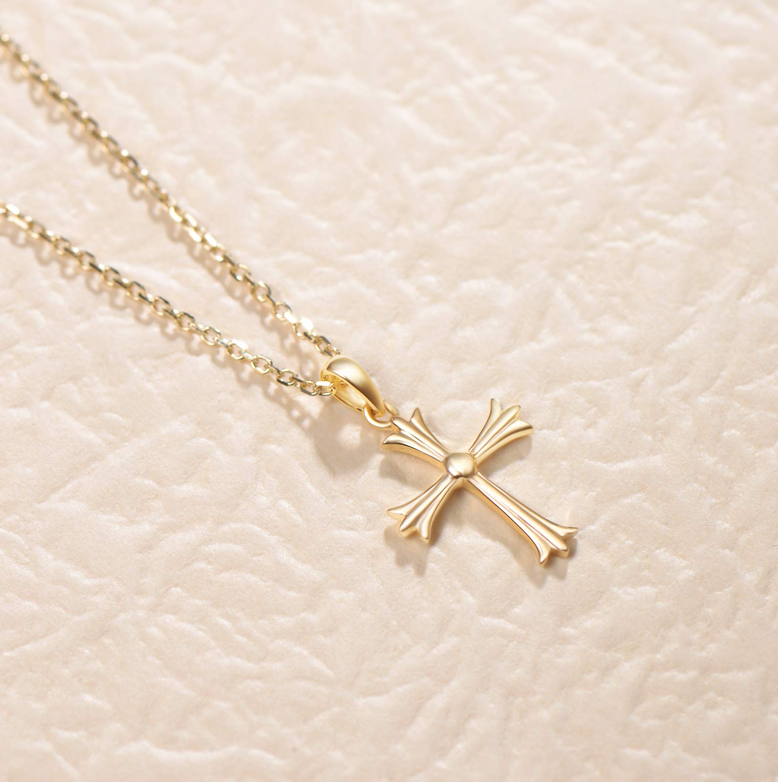Carleen SOLID REAL 14K Yellow Gold SMALL TINY Little Cute Embossed Cross Necklace Delicate Dainty Crucifix Cross Pendant Fine Jewelry For Women, With 18" Solid Gold Cable Chain