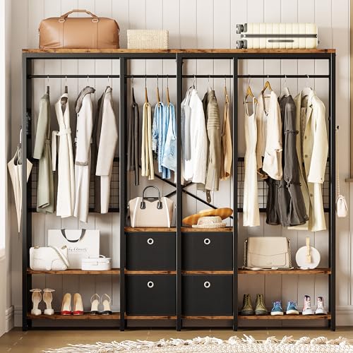 IRONCK Garment Racks with Shelves 4 Drawers and 8 Hooks Heavy Duty Closet Organizer for Hanging Clothes, Freestanding Closet Wardrobe Rack, Vintage Brown