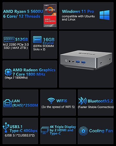 GMKtec Mini Gaming PC AMD Ryzen 5 5600U(6C/12T, 4.2 GHz), Mini Gaming Computer 16GB DDR4 512GB M.2 SSD Windows 11 Pro Desktop Computer, Mini Computers 4K Triple Displays BT5.2/WiFi 6 2.5G Ethernet
