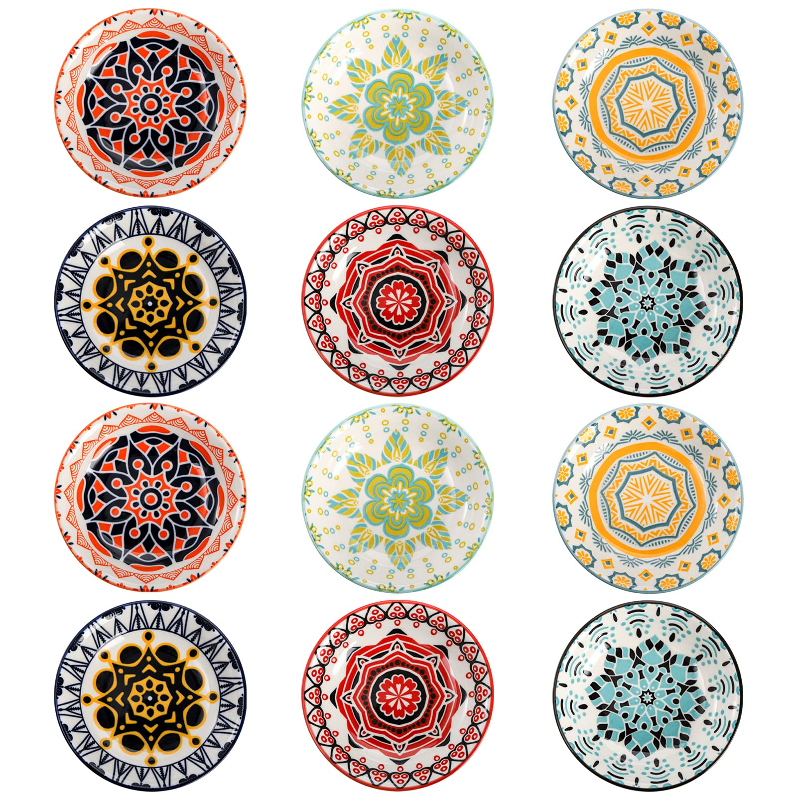 Cedilis 12 Pack Ceramic Soy Sauce Dipping Bowls, 3.5oz Pinch Bowls for Kitchen Prep, 4 Inch Small Sushi Soy Sauce Dish Plate, Colorful Condiments Bowl Dish Dip Bowls Side Dishes