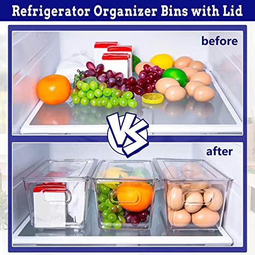 HANSGO Refrigerator Organizer Bins with Lid, 4PCS Stackable Organizer Basket Bins with Handles Clear Plastic Pantry Organizer and Storage Bins for Fridge Kitchen Bedroom Office