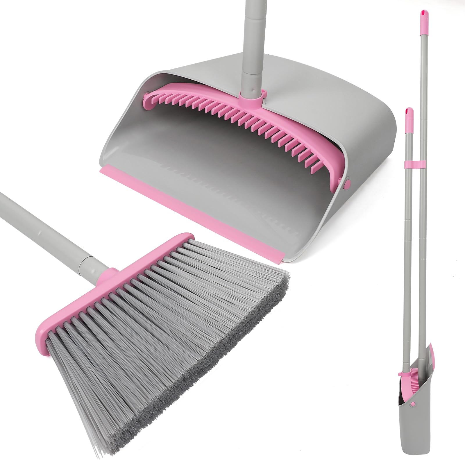 Pink Broom with Dustpan Combo Set,52" Brooms for Sweeping Indoor Broom and Dustpan Set for Home Kitchen Office Lobby Floor Standing Dust Pan
