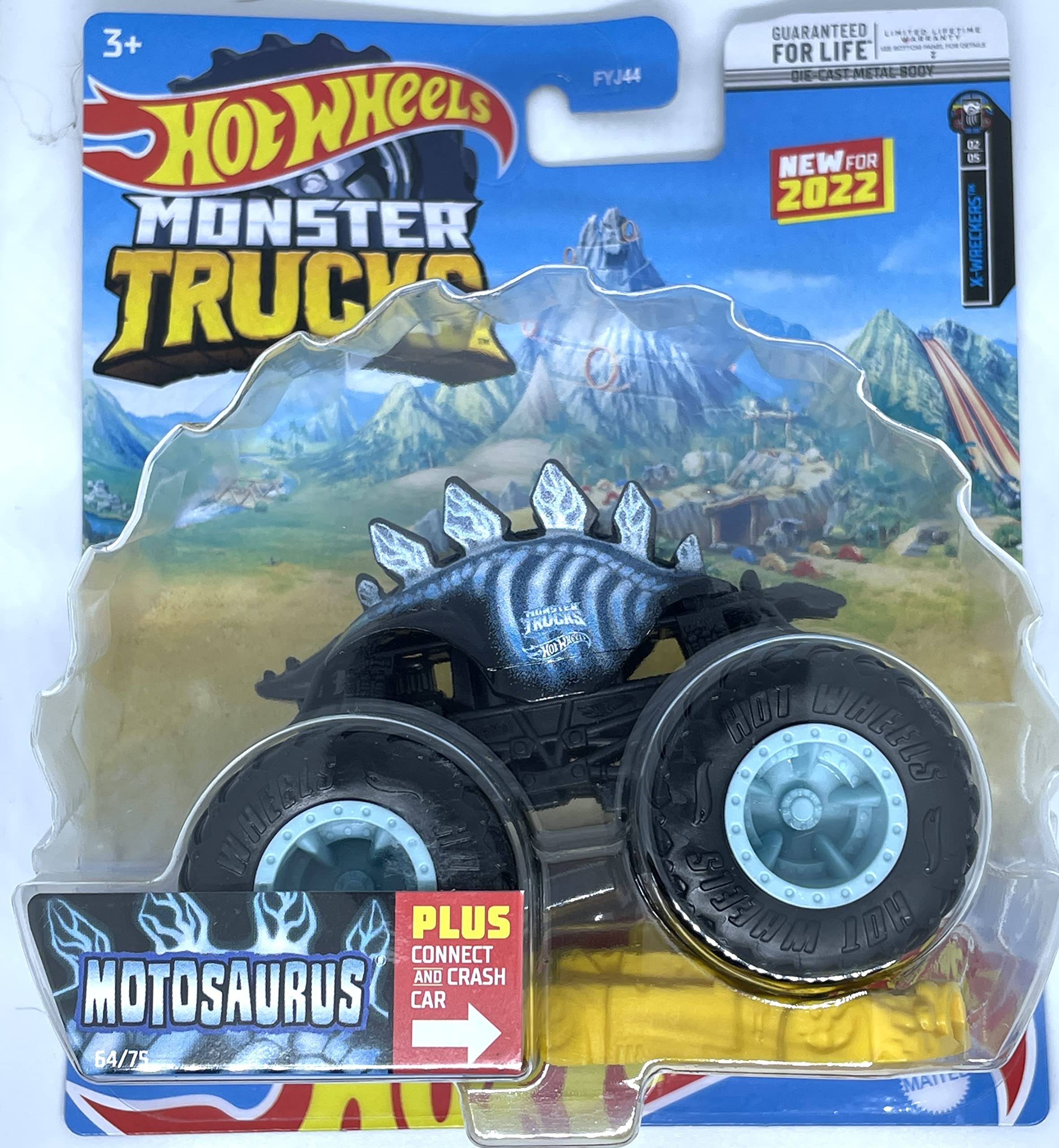 DieCast Hot Wheels Monster Trucks Motosaurus 64/75 (Black/Blue), 1:64 Scale Truck with Connect and Crash car