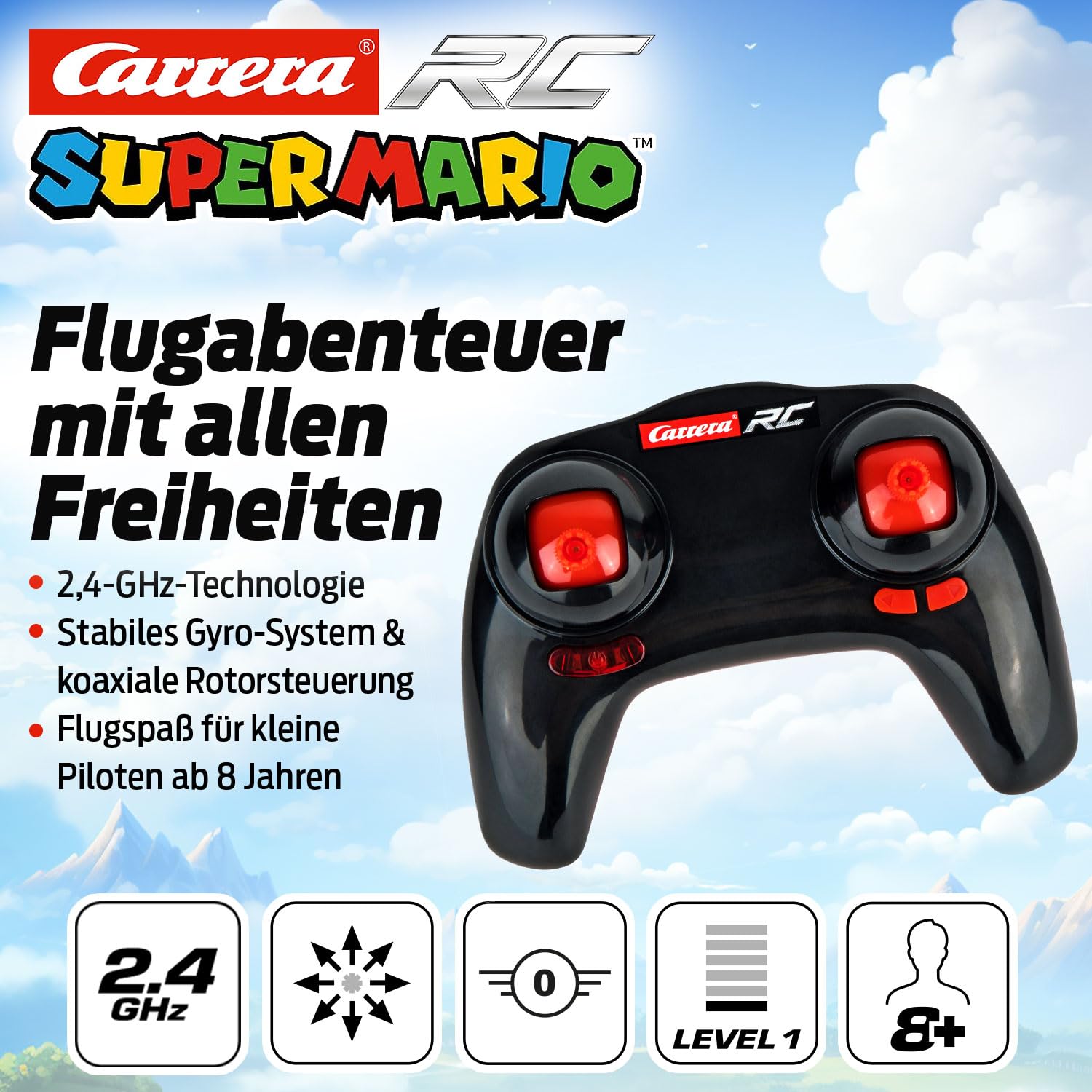 Carrera RC - Officially Licensed Flying Cape Super Mario 2.4GHz 2-Channel Rechargeable Remote Control Helicopter Drone Toy with Easy to Fly Gyro System