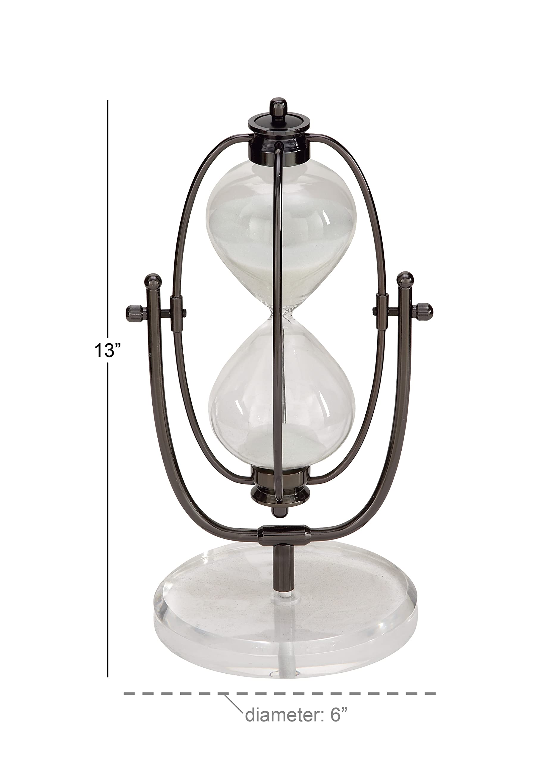 Deco 79 Sophisticated Metal Glass Acrylic Sand Timer, Black, 6”L x 6”W x 12”H, (53422)