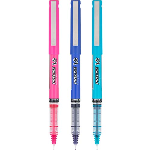 PILOT Precise V5 Stick Liquid Ink Rolling Ball Stick Pens, Extra Fine Point (0.5mm) Pink/Purple/Turquoise Inks, 3-Pack (25004)