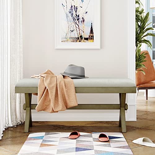 Harper & Bright Designs 4-Piece Wood Dining Table Set, Farmhouse Rustic Kitchen Dining Table with 2 Upholstered X-Back Chairs and Bench, Gray Green