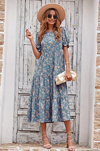 PRETTYGARDEN Women's Summer Casual Boho Dress Floral Print Ruffle Puff Sleeve High Waist Midi Beach Dresses (Blue Apricot,Medium)
